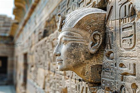Ancient Egyptian Hieroglyphs On Walls A Pharaoh S Head Statue A