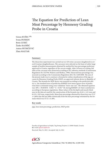 Pdf Th E Equation For Prediction Of Lean Meat Percentage By Hennessy