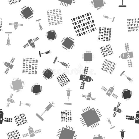 Set Binary Code Processor With Microcircuits CPU Satellite And Syringe On Seamless Pattern