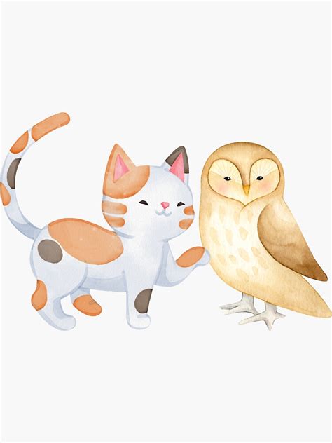A Cat And An Owl Sticker For Sale By Dfranc Redbubble