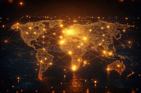 Global Network Map Visualization Shows Glowing Connections Between Continents Digital World Map