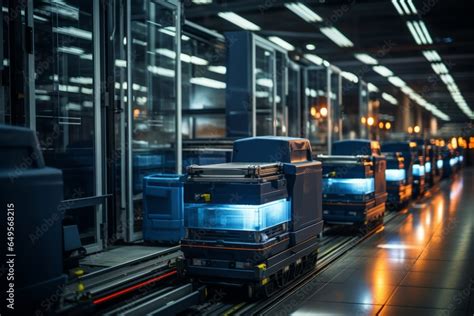 High Tech Warehouse With Automated Robots Efficiently Moving Products Along Shelves Generative