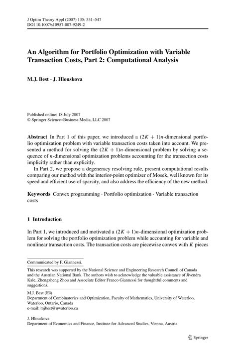 Pdf An Algorithm For Portfolio Optimization With Variable Transaction Costs Part 2