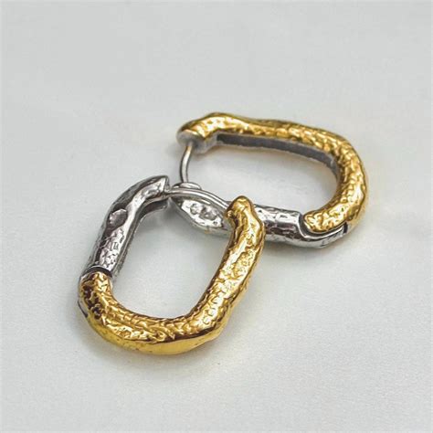 Two Tone Textured Hoop Earrings 18k Gold And Silver Hammered Rectangle