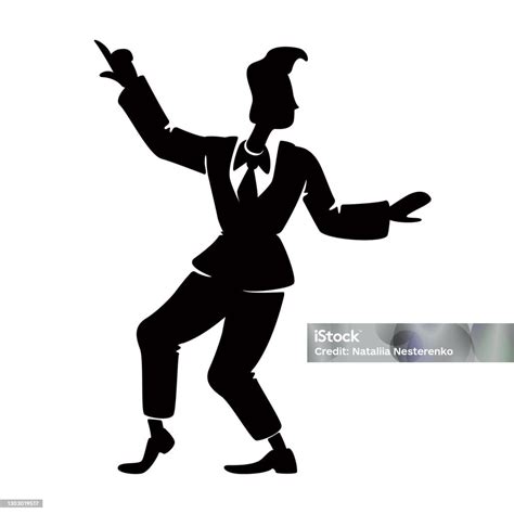 세련된 부기 우기 남성 댄서 블랙 실루엣 벡터 일러스트 록 앤 롤 포즈를 취하는 사람 상업 애니메이션 인쇄댄스 플로어 2d 만화 캐릭터 모양에 로커빌리 스타일 남자 1950