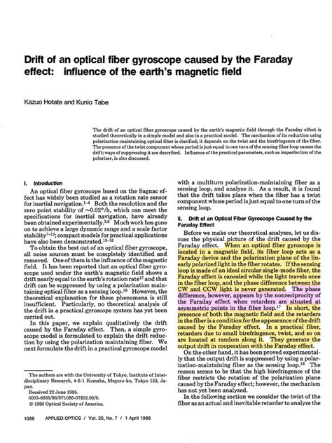 Drift Of An Optical Fiber Gyroscope Caused By The Faraday Effect 1986 Pdf Polarization