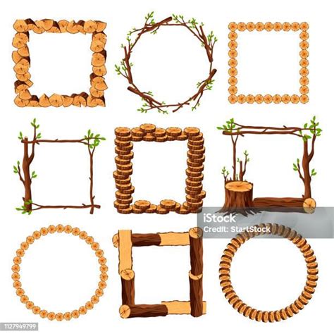 나무 프레임에 고립 된 흰색 배경을 설정합니다 광장 및 트렁크 나무 가지 그 루터 기 나무 로그 명세서와 목조 테두리 컬렉션 라운드 만화 벡터 일러스트 레이 션 프레임에