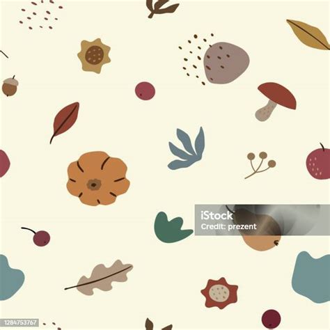 가을 잎 야채 과일 버섯과 열매와 원활한 패턴 가을 색상 디자인 벡터 일러스트 추수 감사절과 할로웬 개념 10월에 대한 스톡 벡터 아트 및 기타 이미지 Istock