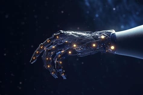 premium photo bionic robot arm cyborg metal hand on a blurred blue