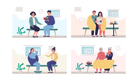 질병의 치료 및 예방에 관한 삽화 세트 아픈 사람들은 격리에서 시간을 보냅니다 감기와 독감에 대한 스톡 벡터 아트 및 기타 이미지 감기와 독감 개념 개성 개념