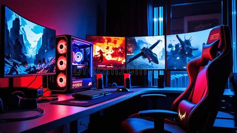 Immersive Gaming Pc Setup With Multi Monitor Display Stock Illustration Illustration Of