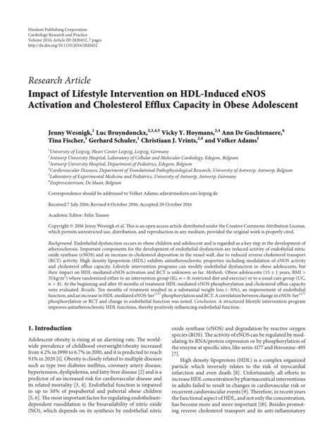 Pdf Impact Of Lifestyle Intervention On Hdl Induced Enos Activation