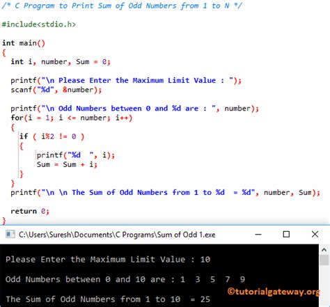 C Program To Print Sum Of Odd Numbers From 1 To N