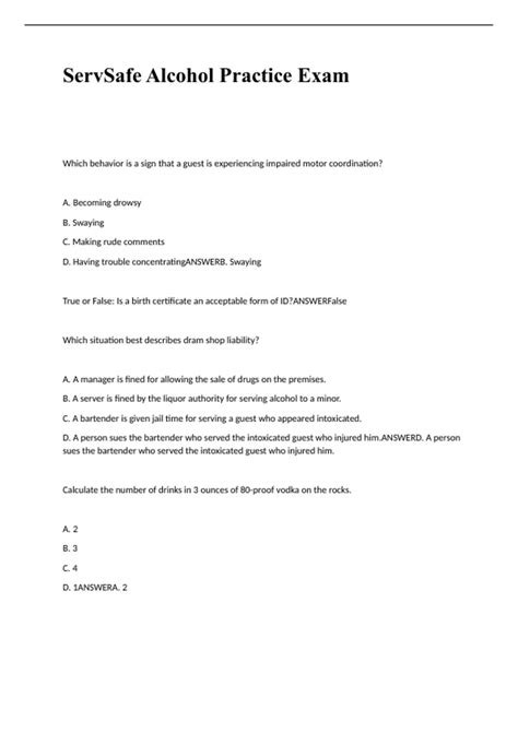 ServSafe Alcohol Practice Exam Questions And Answers ServSafe Alcohol Practice Stuvia US