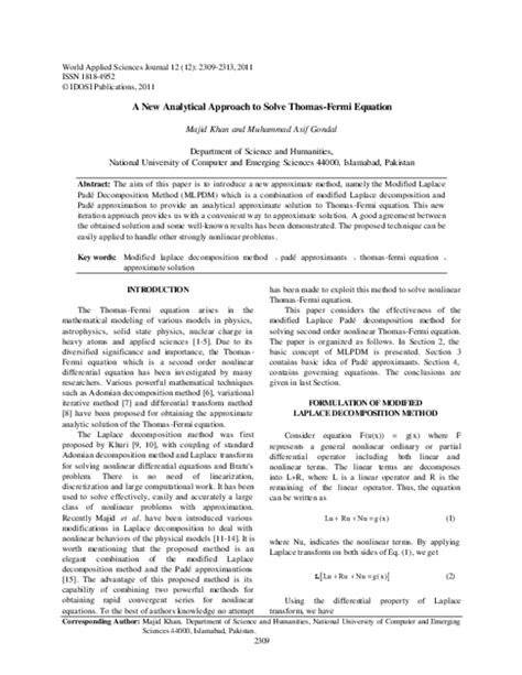 Pdf A New Analytical Approach To Solve Thomas Fermi Equation Majid Khan