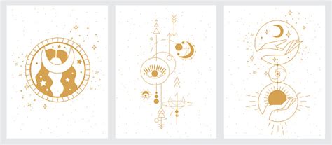 여성 손 태양 달 별 신성한 기하학 고립 과 Achemy 비열한 신비마법 천체 부적 손으로 그린 스타일의 신비하고 신비한 일러스트레이션컬렉션 눈가리개를 한 소녀 눈 신체