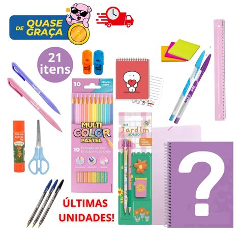 Kit Escolar Tom Pastel Com 21 Itens Canetas Caderno Lapis Borracha Etc