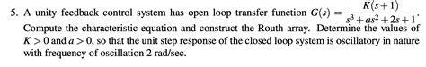 Solved A Unity Feedback Control System Has Open Loop Chegg