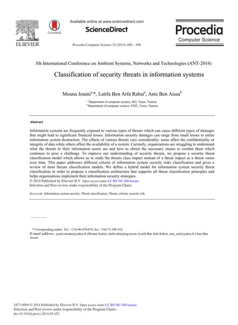 Pdf Classification Of Security Threats In Information Systems