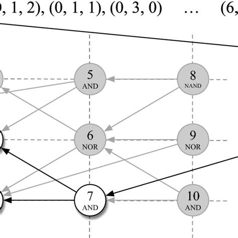 cartesian genetic program top and its encoding bottom all nodes