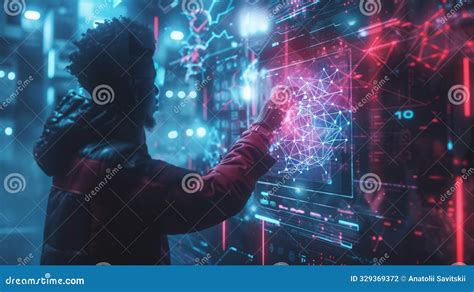 A Hacker Interacts With A Vibrant Digital Interface Manipulating Data