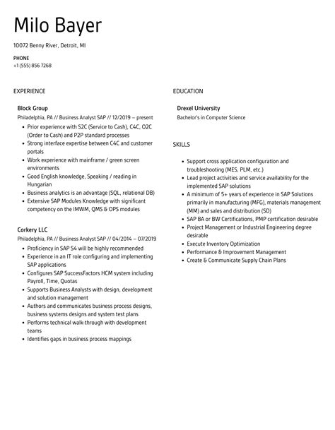 Business Analyst Sap Resume Samples Velvet Jobs