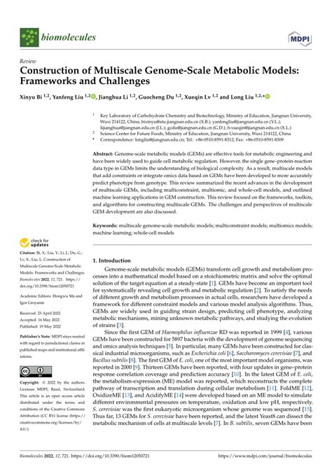 Pdf Construction Of Multiscale Genome Scale Metabolic Models Frameworks And Challenges