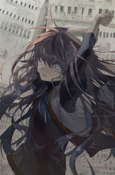 Safebooru 1girl Arms Up Bangs Black Jacket Black Shirt Blue Eyes