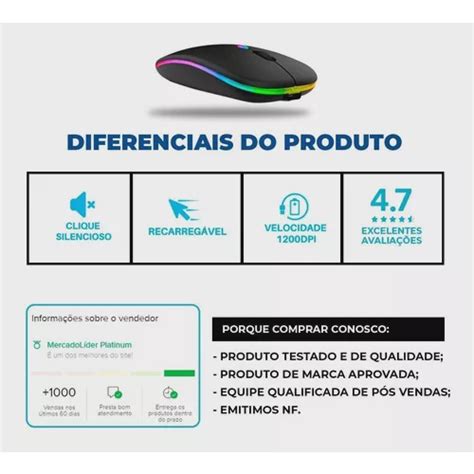 Mouse Sem Fio Para Notebook Bluetooth Recarregável Led Rgb em Promoção na Americanas