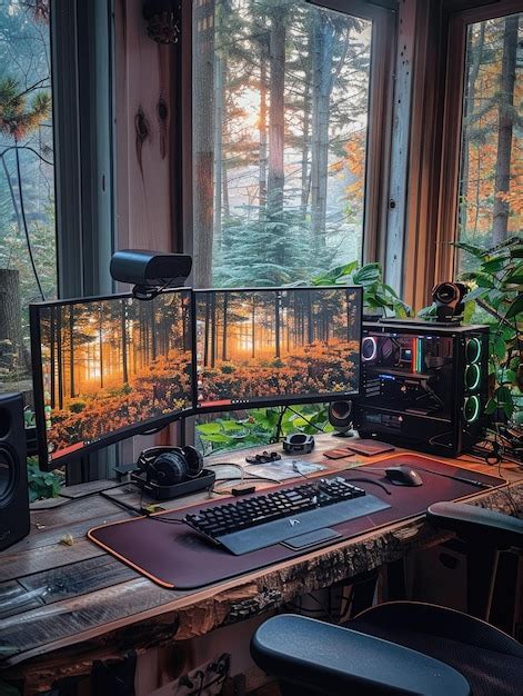 A Computer Desk With Two Monitors And A Keyboard Premium Ai Generated Image