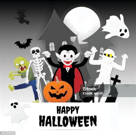 해피 할로윈 밤 파티입니다 호박 유령 드라큘라 해골 마녀 미 라 좀비 검은 고양이 박쥐 성 벡터 일러스트 레이 션과 함께 만화 종이 스타일에서 문자 집합입니다 10월에 대한