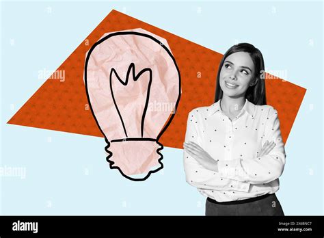 Creative Image Collage Picture Young Cheerful Woman Lightbulb Genius