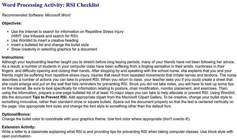 Word Processing Activity Rsi Checklist Activity For 9th 10th Grade Lesson Planet