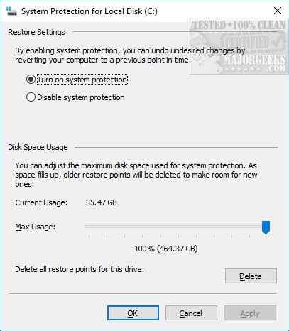 Enable Disable Manage Delete Or Create A System Restore Point MajorGeeks