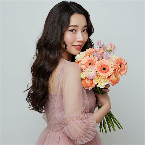 드레스를 입고 꽃다발을 들고 서있는 젊은 여자 유토이미지 상세페이지 베이직샵 22901505