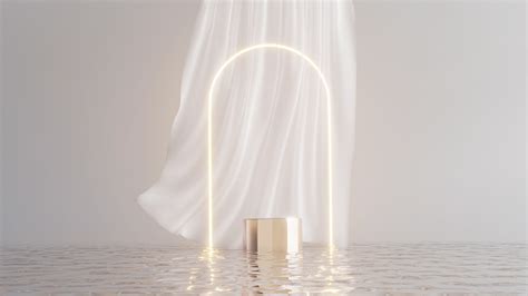 빛나는 게이트 흰색 커튼 천과 물에 3d 연단 디스플레이 화장품 미용 제품 프로모션스탠드 모의와 밝은 꿈꾸는 배경 스텝 받침대 최소한의 배너 3d 렌더링 배경 주제에 대한