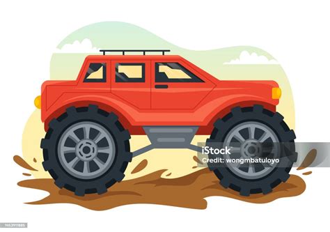 오프로드 자동차 또는 Suv가 평평한 익스트림 스포츠 만화 손으로 그린 템플릿에서 바위가 많은 지형 강 및 모래를 통과하는 오프로드 그림 0명에 대한 스톡 벡터 아트 및