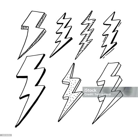 손으로 그린 벡터 낙서 전기 번개 볼트 기호 스케치 그림의 집합 천둥 기호 낙서 아이콘 0명에 대한 스톡 벡터 아트 및 기타 이미지 Istock