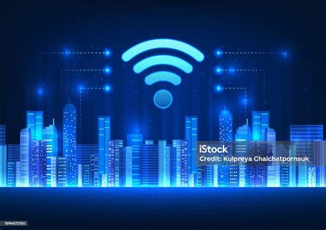 상단에 Wifi 아이콘이 있는 스마트시티의 Wifi 기술 사람들이 정보에 빠르게 접근할 수 있도록 도시 전역에 퍼지는 인터넷