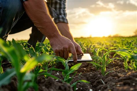 male farmer using modern technology with tablet in soybean field