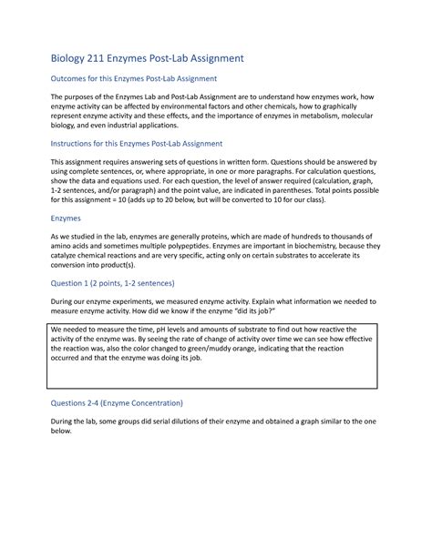 Biology 211 Enzymes Post Lab Assignment Biology 211 Enzymes Post Lab Assignment Outcomes For
