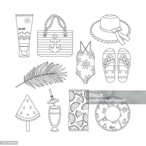 여름 여행을 위한 해변 세트 선크림 가방 모자 칵테일 수영복 슬리퍼 슬리퍼 풍선 원형 0명에 대한 스톡 벡터 아트 및 기타 이미지 Istock