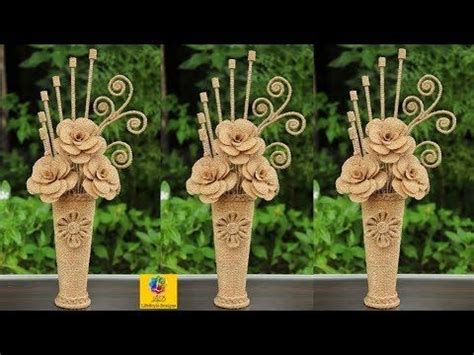 How To Make Jute Flower With Vase Jute Art And Craft Jute Craft Decoration Design YouTube