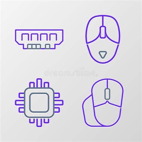 Set Line Computer Mouse Processor With CPU And RAM Random Access Memory Icon Vector Stock