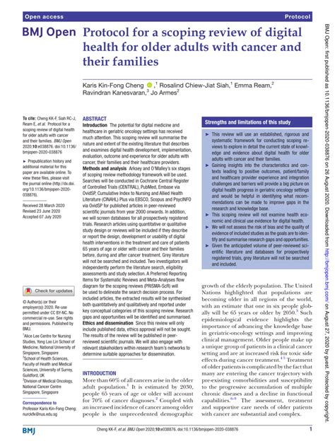 Pdf Protocol For A Scoping Review Of Digital Health For Older Adults With Cancer And Their