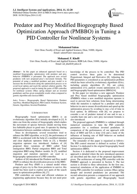 Pdf Predator And Prey Modified Biogeography Based Optimization Approach Pmbbo In Tuning A
