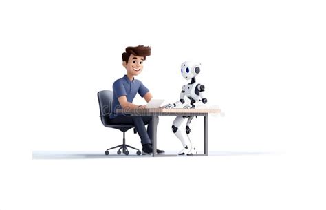 Happy Office Worker Collaborating With Robot Assistant On Tasks