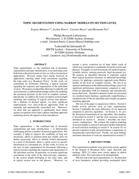 Pdf Topic Segmentation Using Markov Models On Section Level