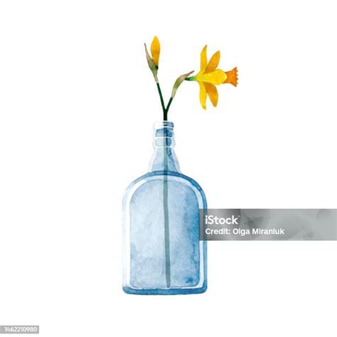 노란색 수선화 꽃이 있는 유리병의 손으로 그린 수채화 그림 아늑한 가정 장식 아이템 봄 꽃입니다 흰색 배경에 격리된 개체 개체