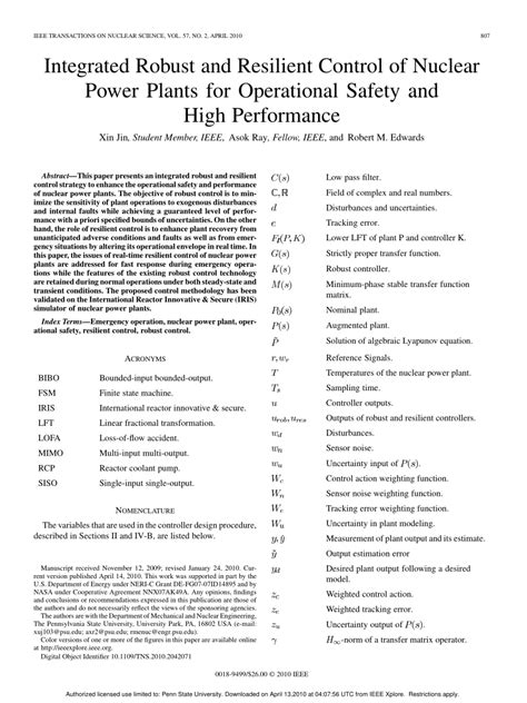 Pdf Integrated Robust And Resilient Control Of Nuclear Power Plants